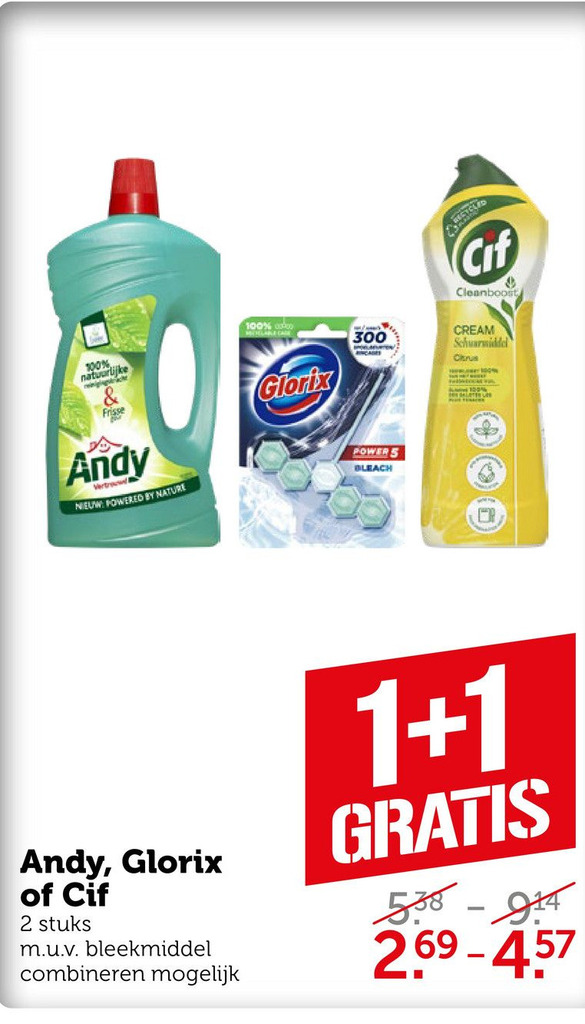 Andy, glorix of cif 1+1 GRATIS aanbieding bij Coop
