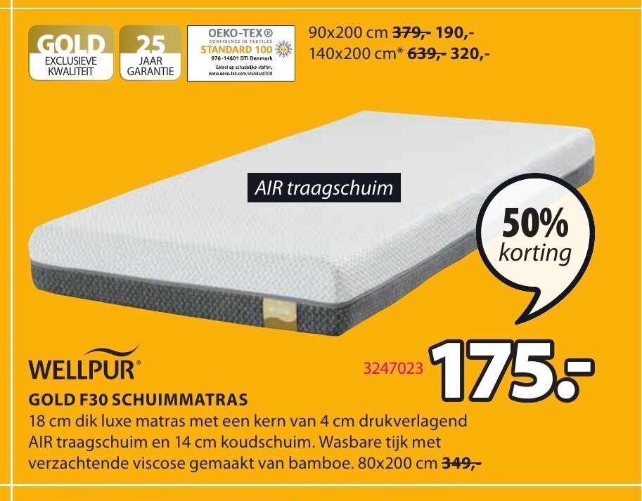 Wellpur Gold F30 Schuimmatras 80 x 200 cm aanbieding bij Jysk