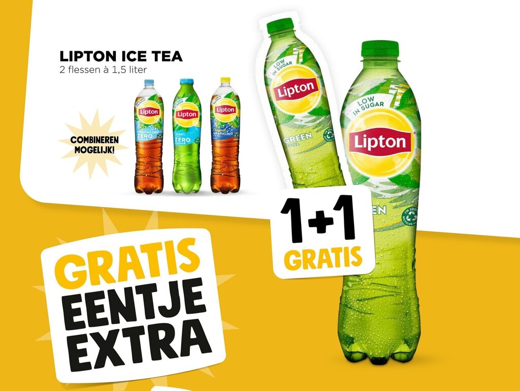 Lipton Ice Tea 2 flessen a 1.5 liter 1+1 Gratis aanbieding bij Jumbo