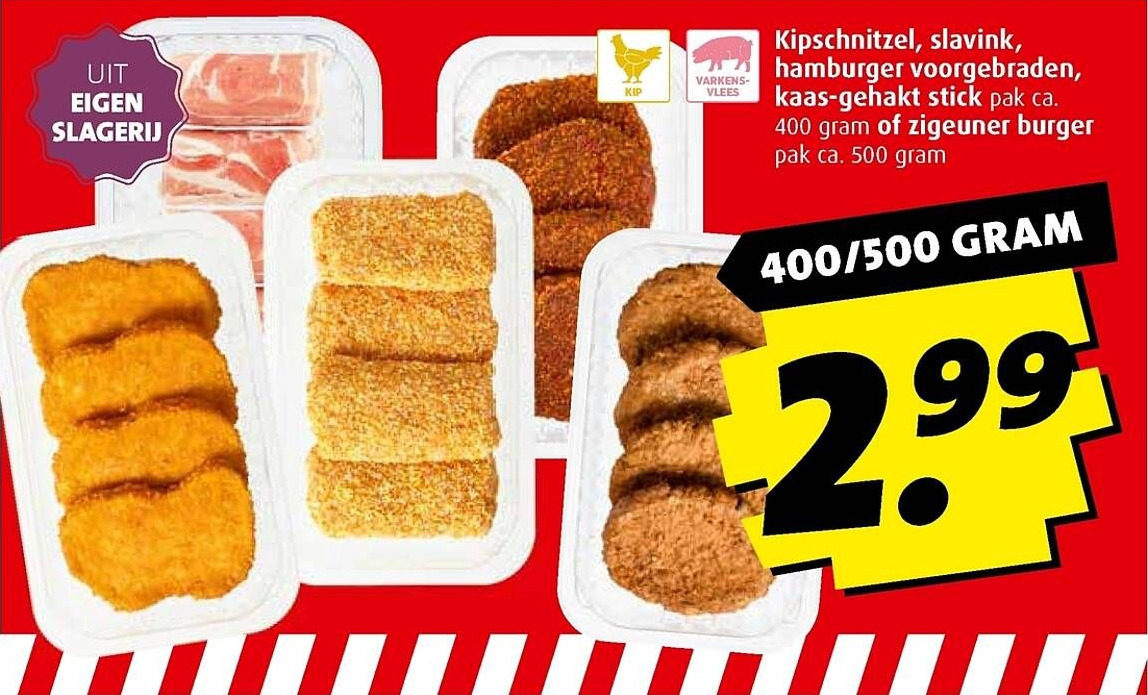 Kipschnitzel, slavink, hamburger voorgebraden, kaas-gehakt stick pak ca ...