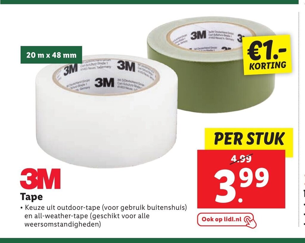 3M Tape 20 m x 48 mm per stuk aanbieding bij Lidl