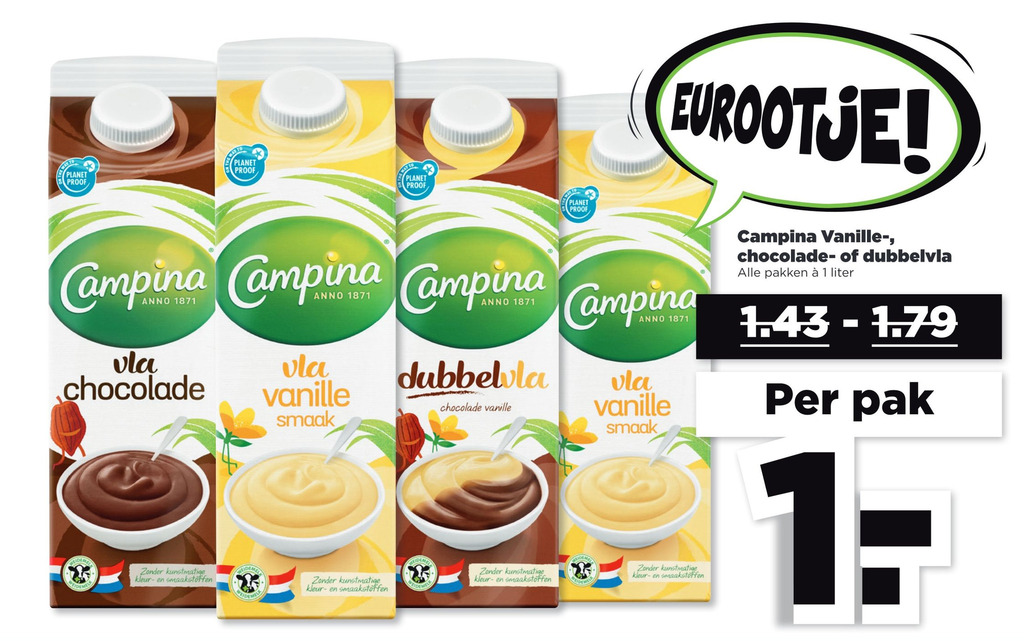 Campina vanille-, chocolade- of dubbelvla aanbieding bij PLUS