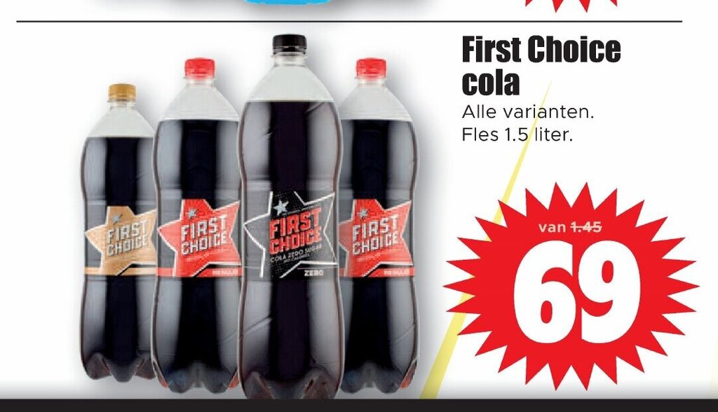 First Choice cola 1.5 liter aanbieding bij Dirk