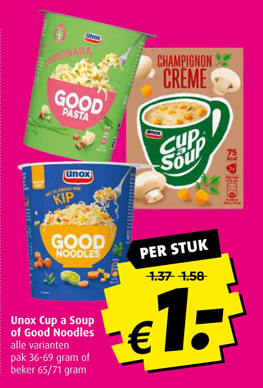 Unox cup a soup of good noodles pak 36-69 gram of beker 65/71 gram per ...