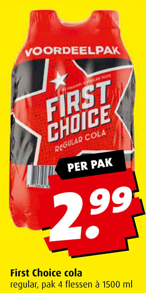 First choice cola regular 1500ML aanbieding bij Boni