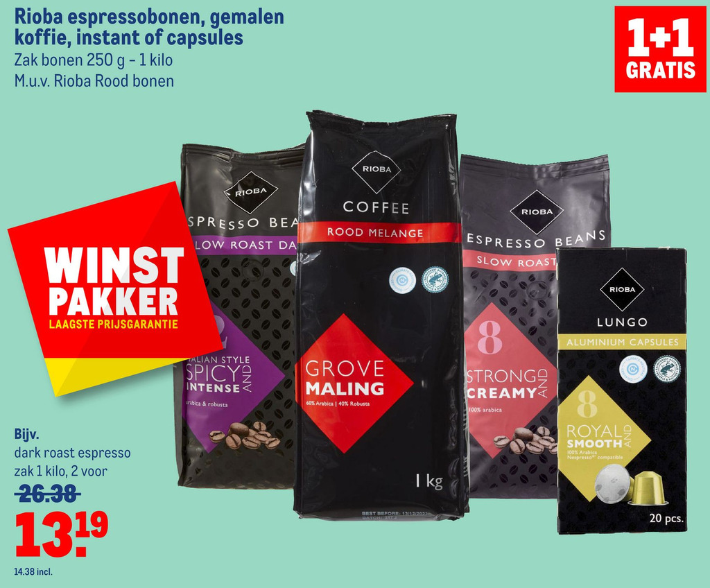 Rioba espressobonen, gemalen koffie, instant of capsules 1+1 GRATIS ...