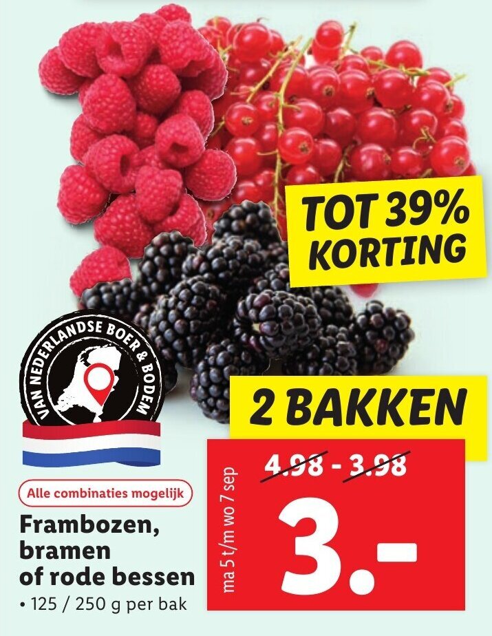 Frambozen, bramen of rode bessen 125g aanbieding bij Lidl