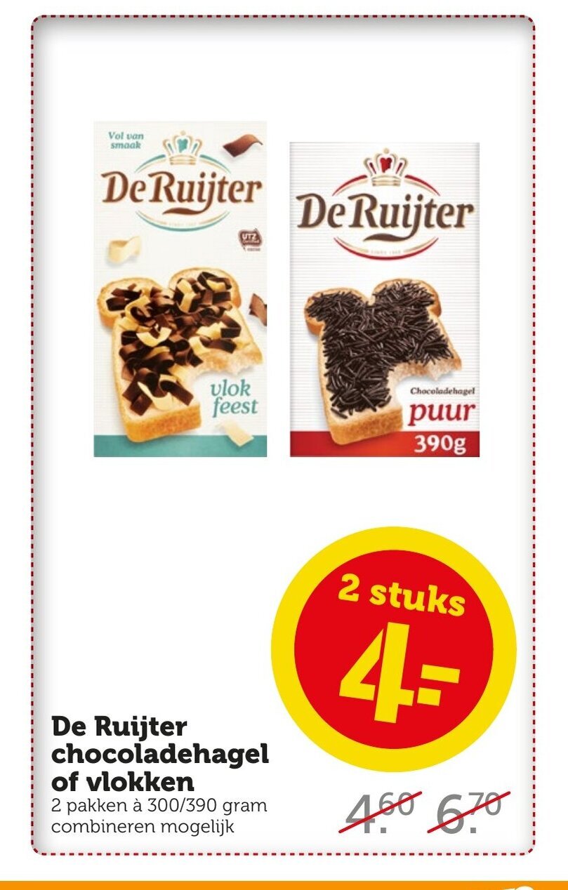 De Ruijter chocoladehagel of vlokken 2 pakken a 300/390 gram aanbieding ...