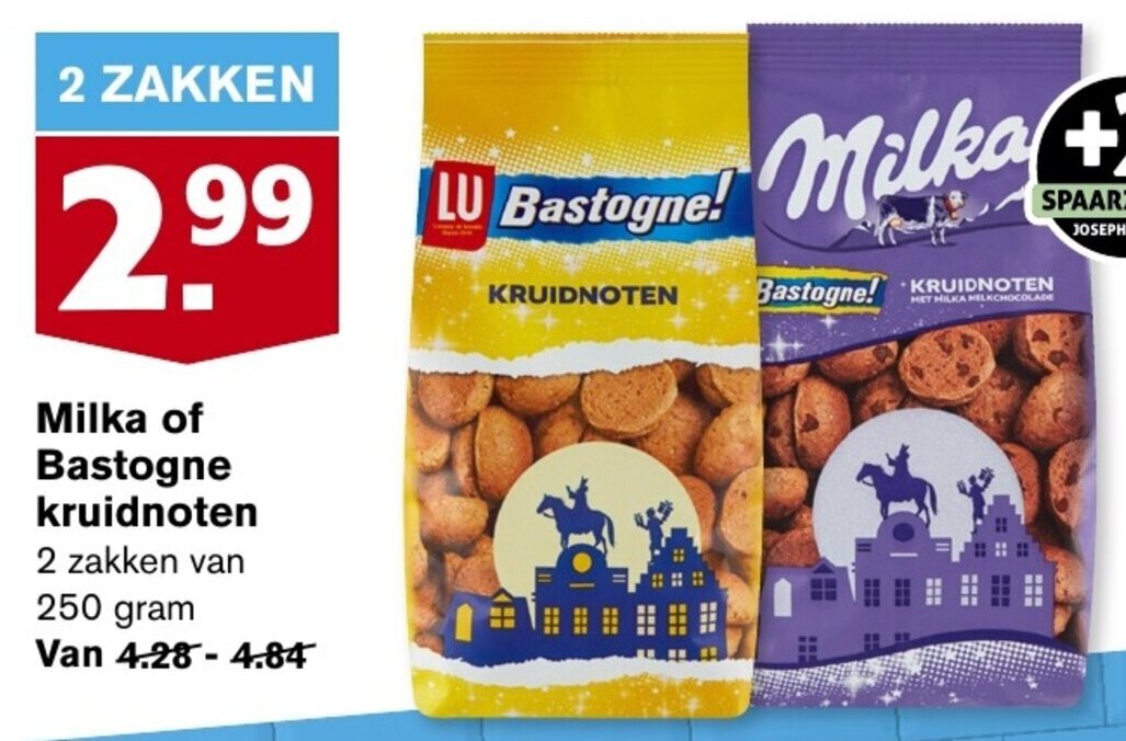 Milka of Bastogne kruidnoten 250g 2 zakken aanbieding bij Hoogvliet