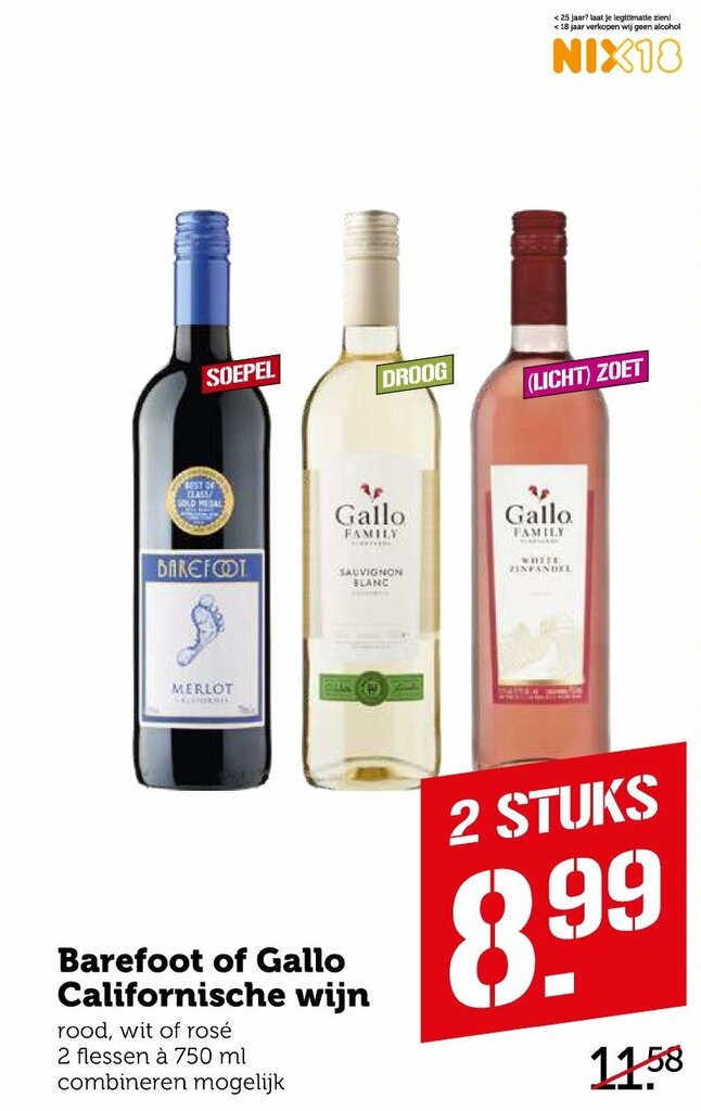 Barefoot of gallo californische wijn 750ml aanbieding bij Coop