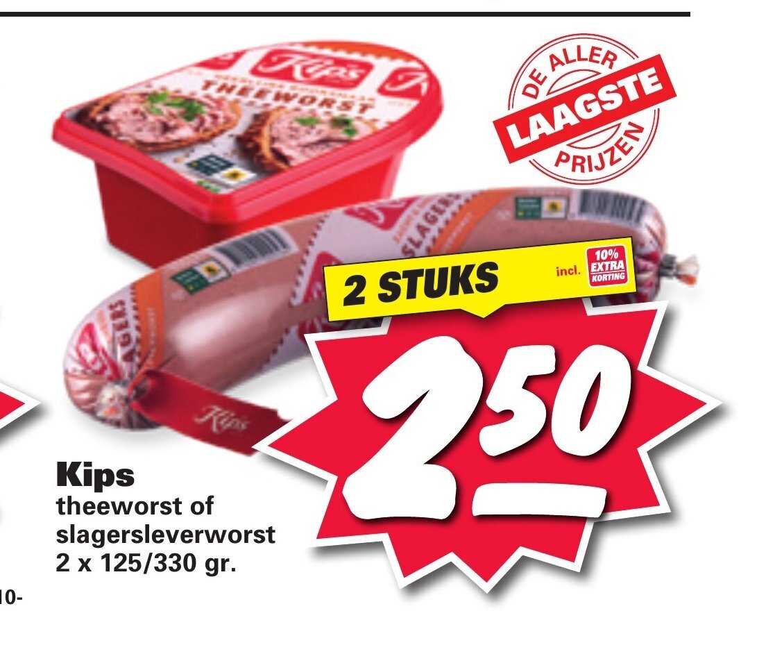 Kips theeworst of slagersleverworst 2 x 125/330 gram aanbieding bij ...