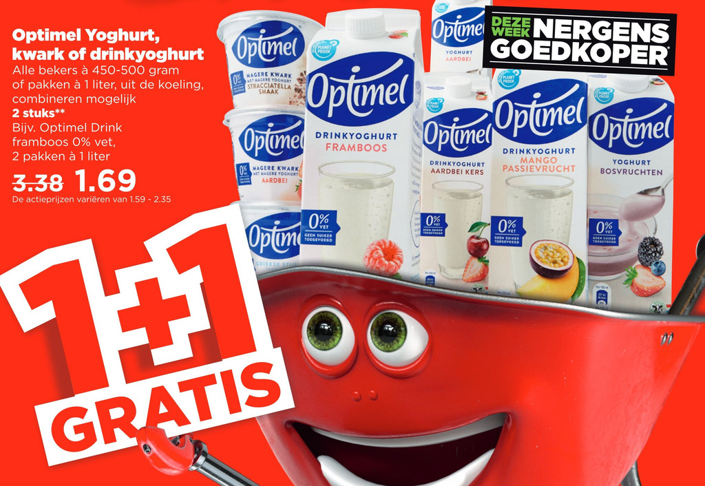 Optimel yoghurt, kwark of drinkyoghurt 1+1 GRATIS aanbieding bij PLUS
