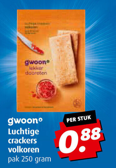 Gwoon Luchtige crackers volkoren 250 gram aanbieding bij Boni