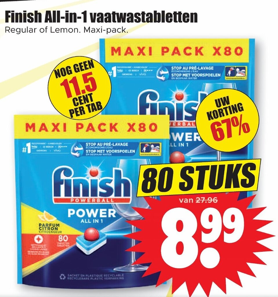 Finish all-in-1 vaatwastabletten 80 stuks aanbieding bij Dirk