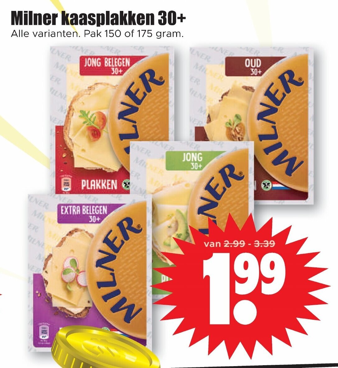 Milner kaasplakken 30+ 150g aanbieding bij Dirk