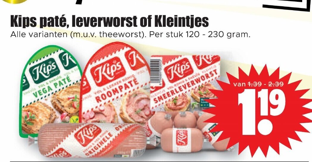 Kips pate, leverworst of kleintjes 120-230g aanbieding bij Dirk