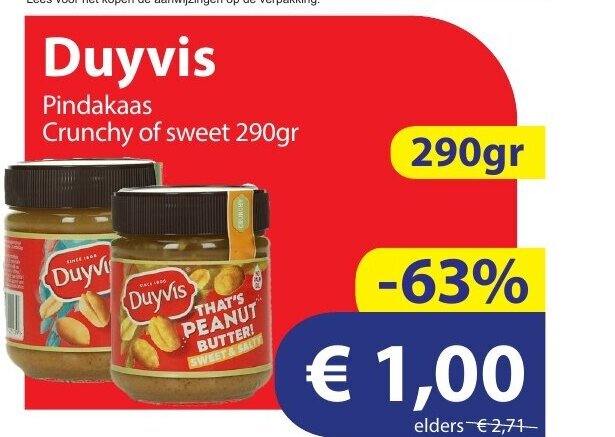 Duyvis pindakaas crunchy of sweet 290gr aanbieding bij Die Grenze