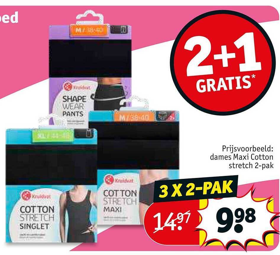Kruidvat dames maxi cotton stretch 2-pak 2+1 gratis aanbieding bij Kruidvat