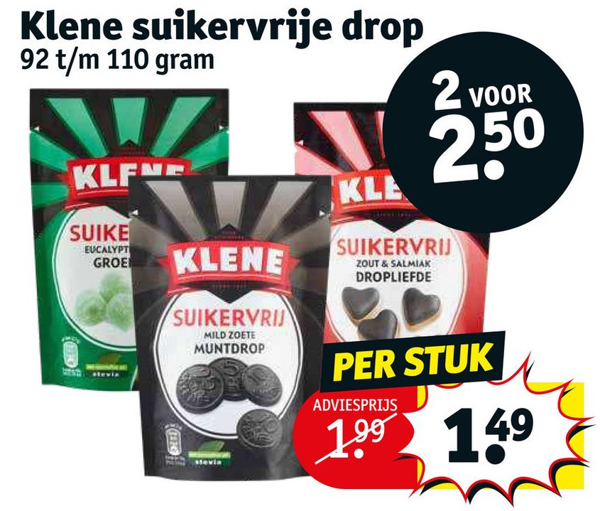 Klene suikervrije drop 92 t/m 110 gram aanbieding bij Kruidvat