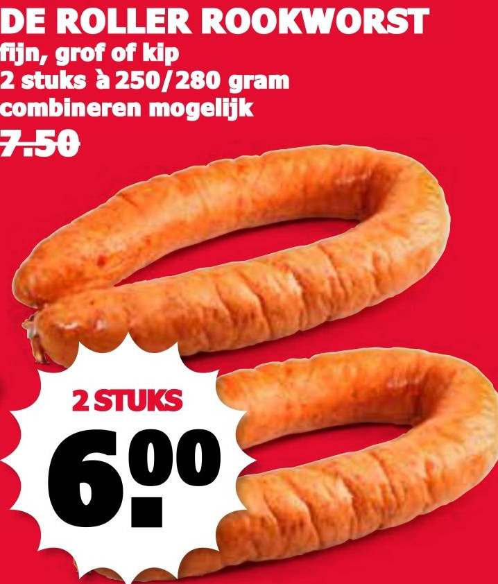 De roller rookworst fijn, grof of kip aanbieding bij MCD Supermarkt