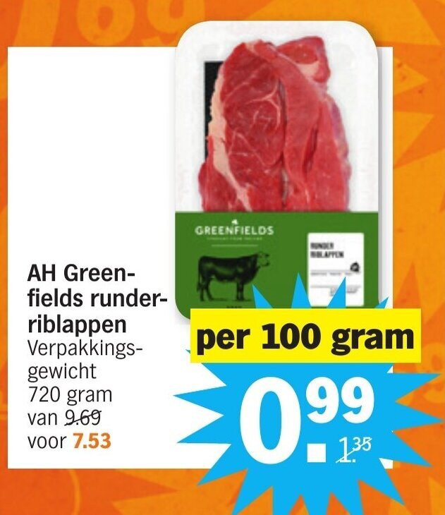 AH Green-Fields Runder-Riblappen aanbieding bij Albert Heijn