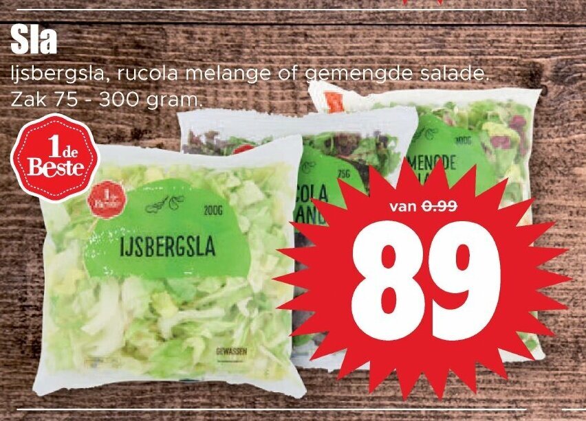 Sla ijsbergsla, rucola melange of gemengde salade zak 75-300 gram ...