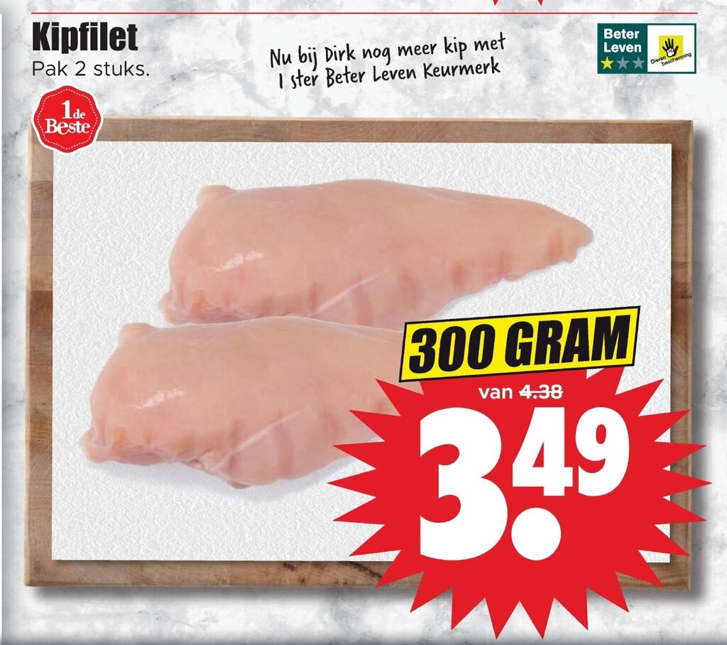 Kipfilet pak 2 stuks 300 gram aanbieding bij Dirk