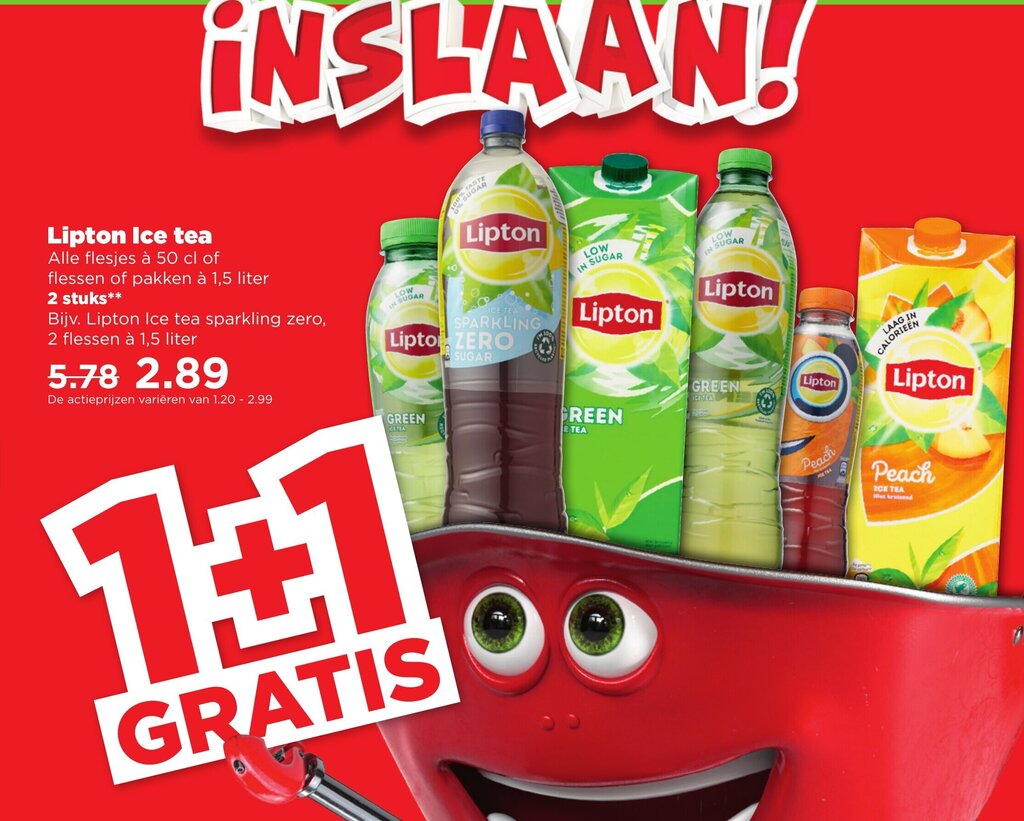 Lipton ice tea 1.5 liter 1+1 gratis aanbieding bij PLUS