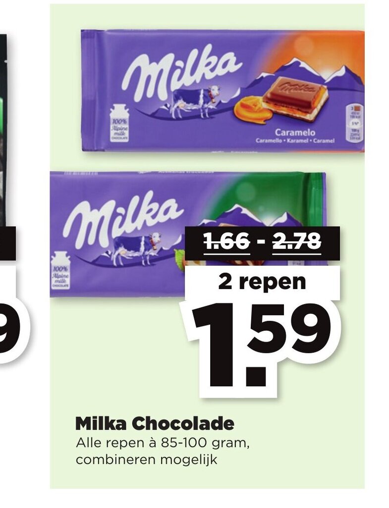 Milka Chocolade Alle repen a 85-100 gram 2 repen aanbieding bij PLUS