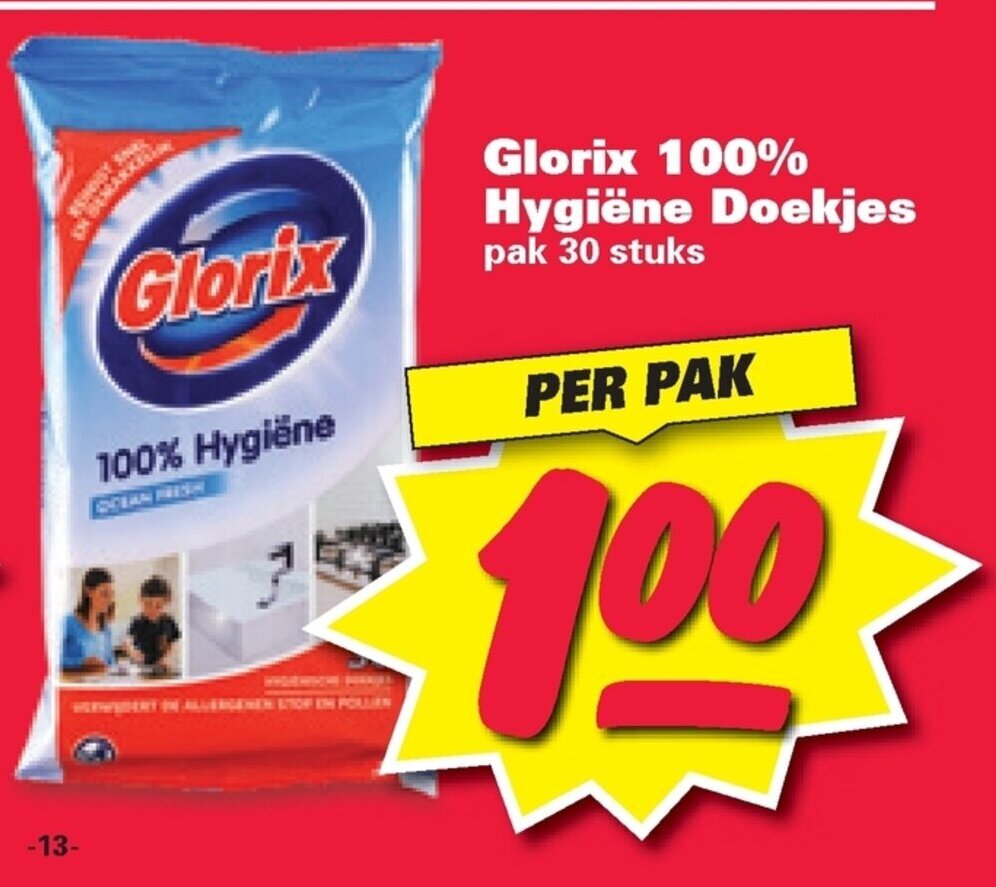 Glorix 100% hygiene doekjes 30 stuks aanbieding bij Nettorama