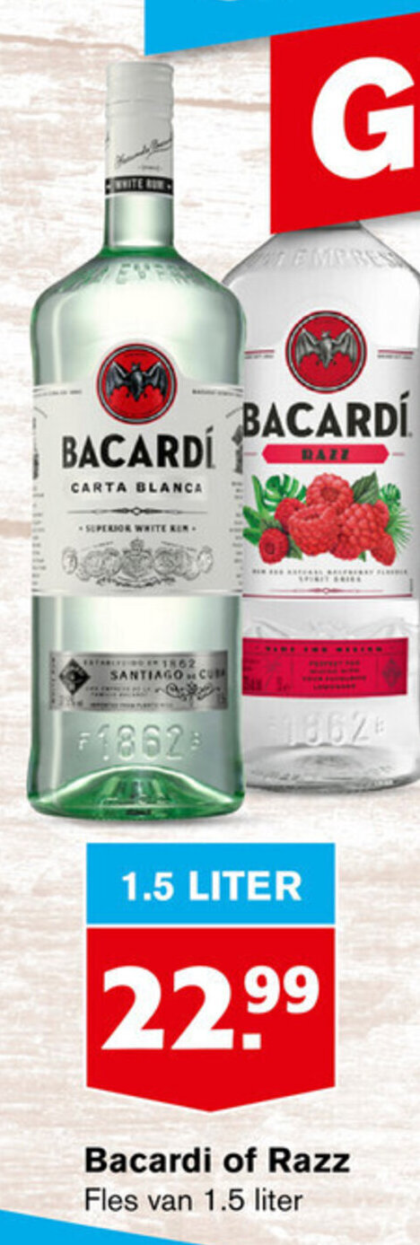 Bacardi of Razz 1.5 liter aanbieding bij Hoogvliet
