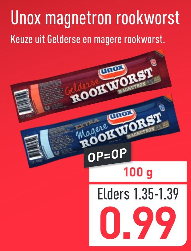 Unox magnetron rookworst 100g aanbieding bij ALDI