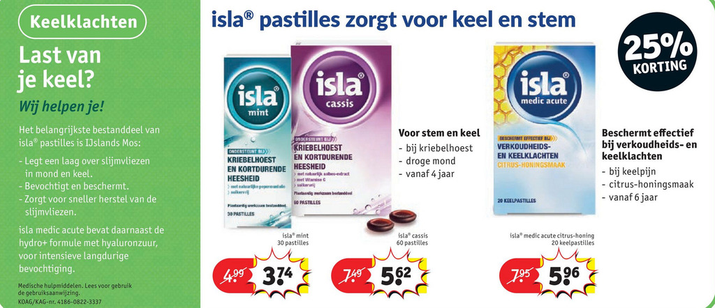 Isla® pastilles zorgt voor keel en stem aanbieding bij Kruidvat