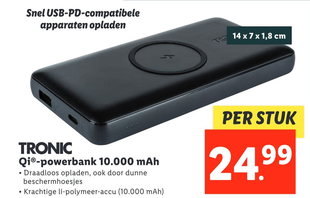 Tronic qiⓡ-powerbank 10.000 mah aanbieding bij Lidl