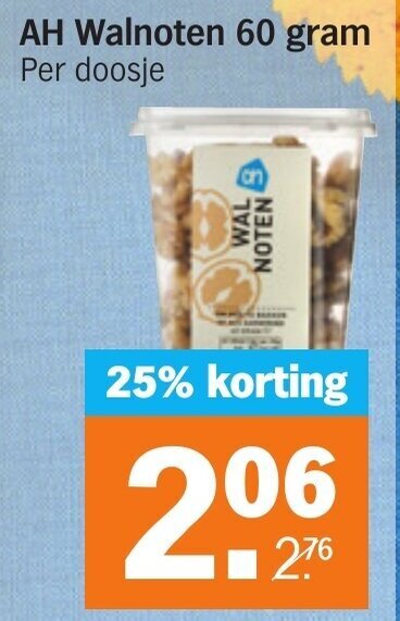 AH walnoten 60 gram per doosje aanbieding bij Albert Heijn