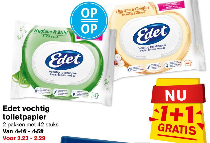 Edet vochtig toiletpapier 42 stuks 1+1 gratis aanbieding bij Hoogvliet