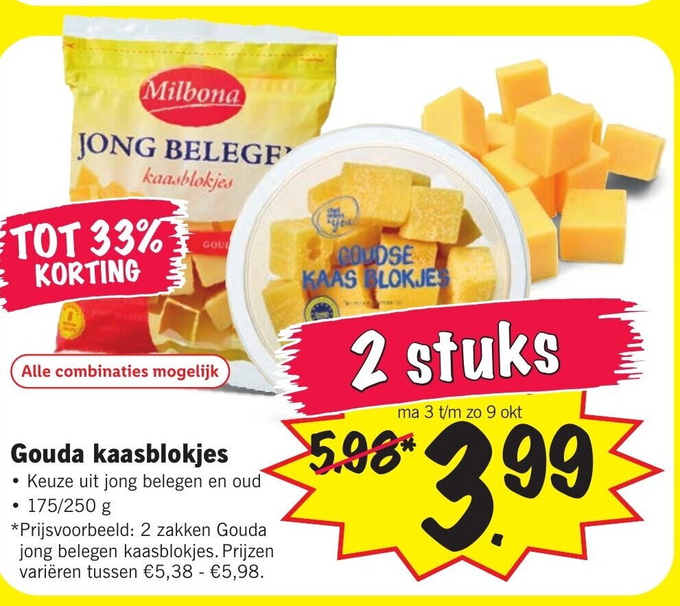 Milbona gouda kaasblokjes 2 stuks aanbieding bij Lidl