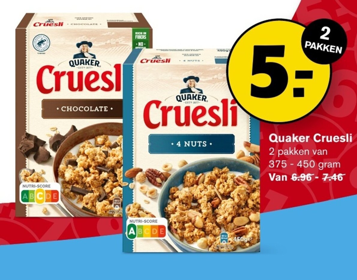 Quaker Cruesli 2 Pakken van 375-450gram aanbieding bij Hoogvliet