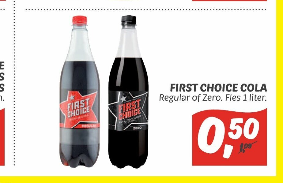 First Choice Cola 1 liter per fles aanbieding bij Dekamarkt