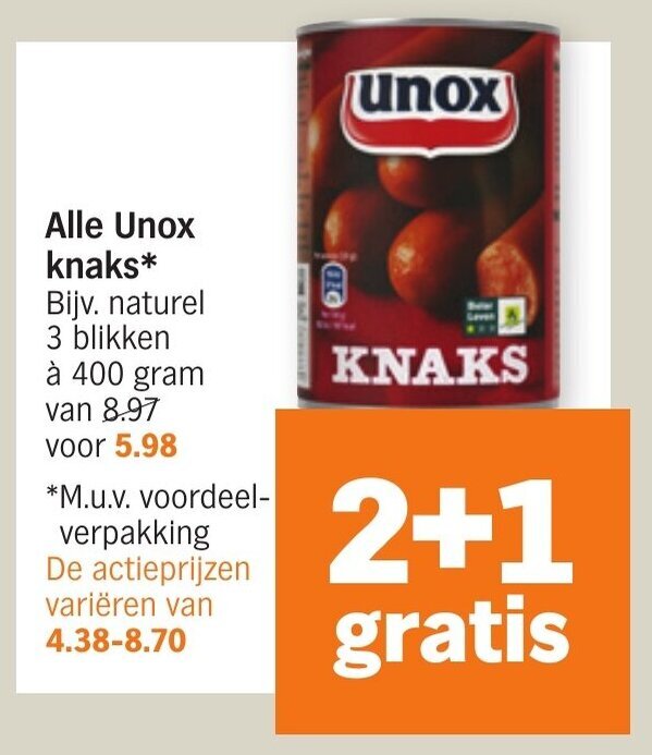 Alle unox knaks 400g 2+1 gratis aanbieding bij Albert Heijn