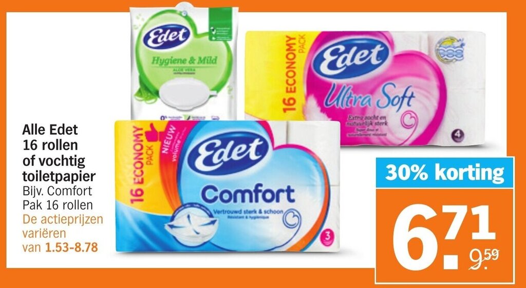 Alle edet 16 rollen of vochtig toiletpapier aanbieding bij Albert Heijn