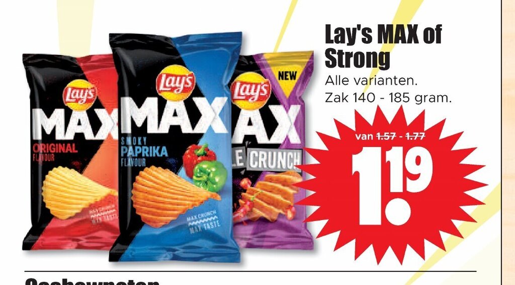 Lay's Max of Strong 140 - 185 gram aanbieding bij Dirk