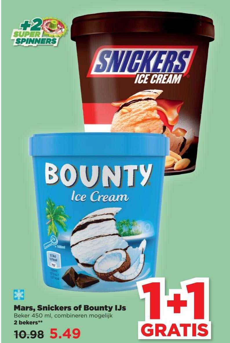 Mars, snickers of bounty ijs 1+1 gratis aanbieding bij PLUS