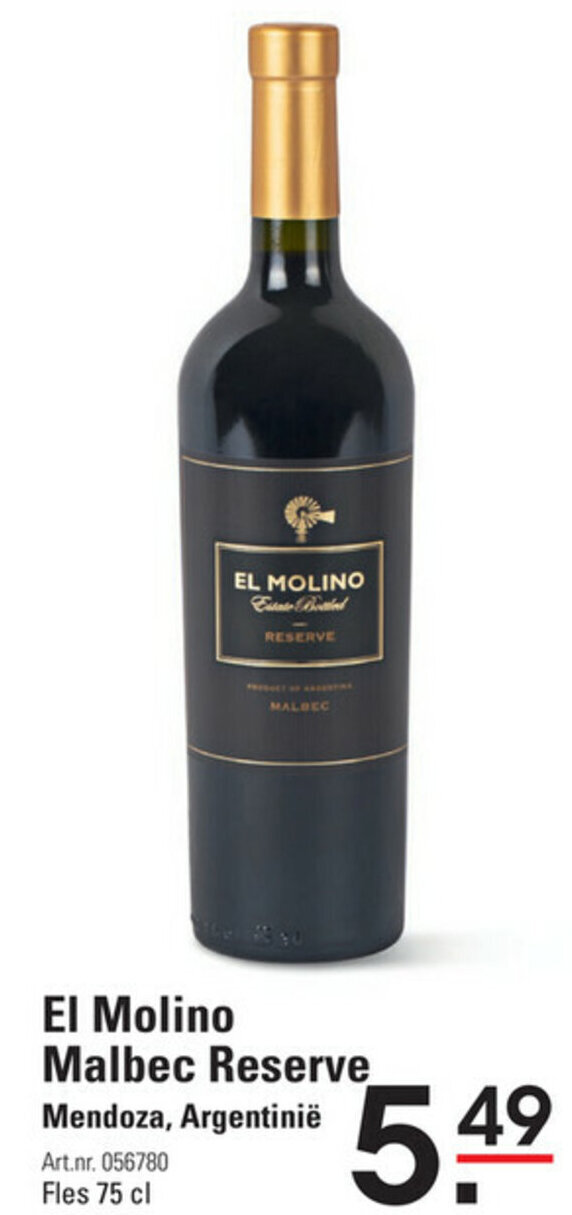 El Molino Malbec Reserve Mendoza 750ml aanbieding bij Sligro