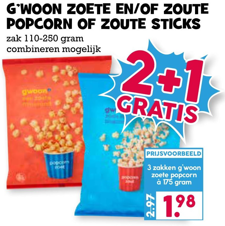 G'woon zoete en/of zoute popcorn of zoute sticks 2+1 gratis aanbieding ...
