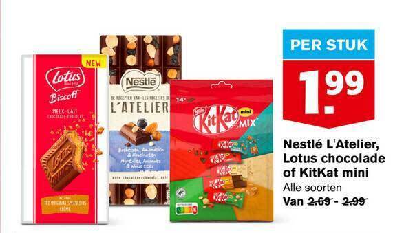Nestlé l'atelier, lotus chocolade of kitkat mini aanbieding bij Hoogvliet