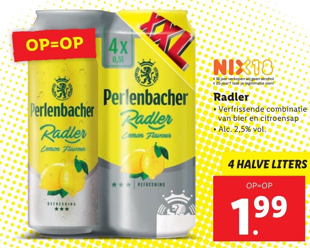 Perlenbacher Radler 4*500ml aanbieding bij Lidl