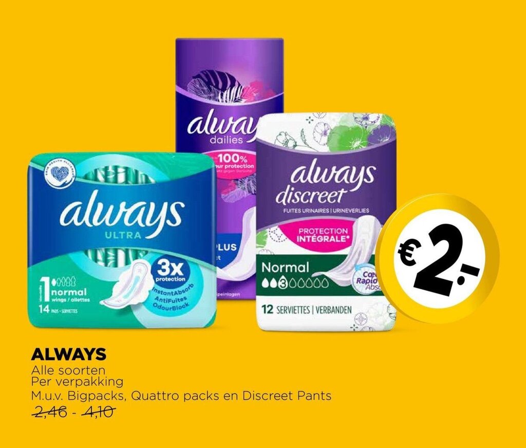 Always bigpacks,quattro packs en discreet pants aanbieding bij Jumbo