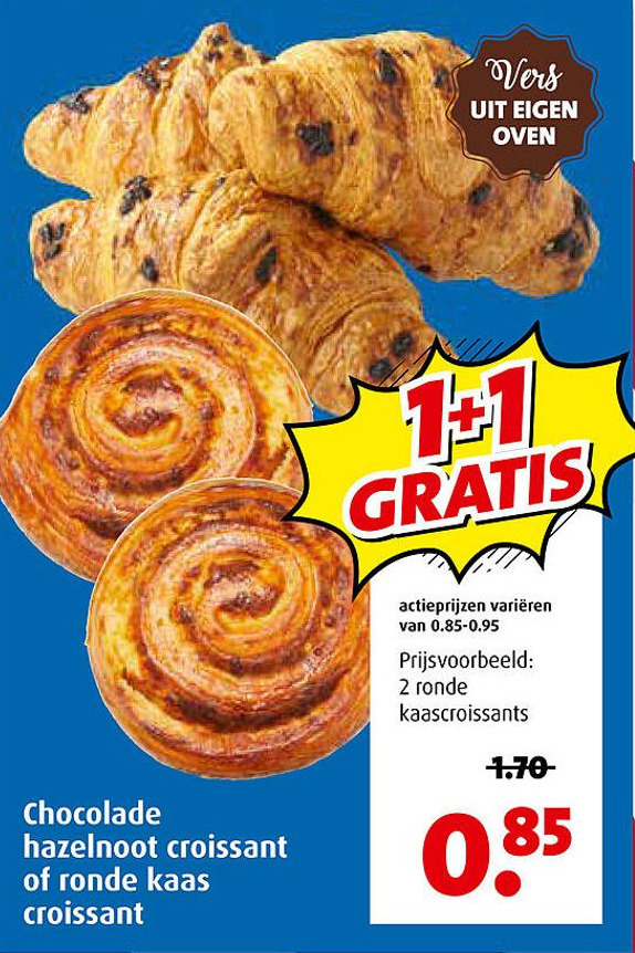 Chocolade hazelnoot croissant of ronde kaas croissant 1+1 gratis ...