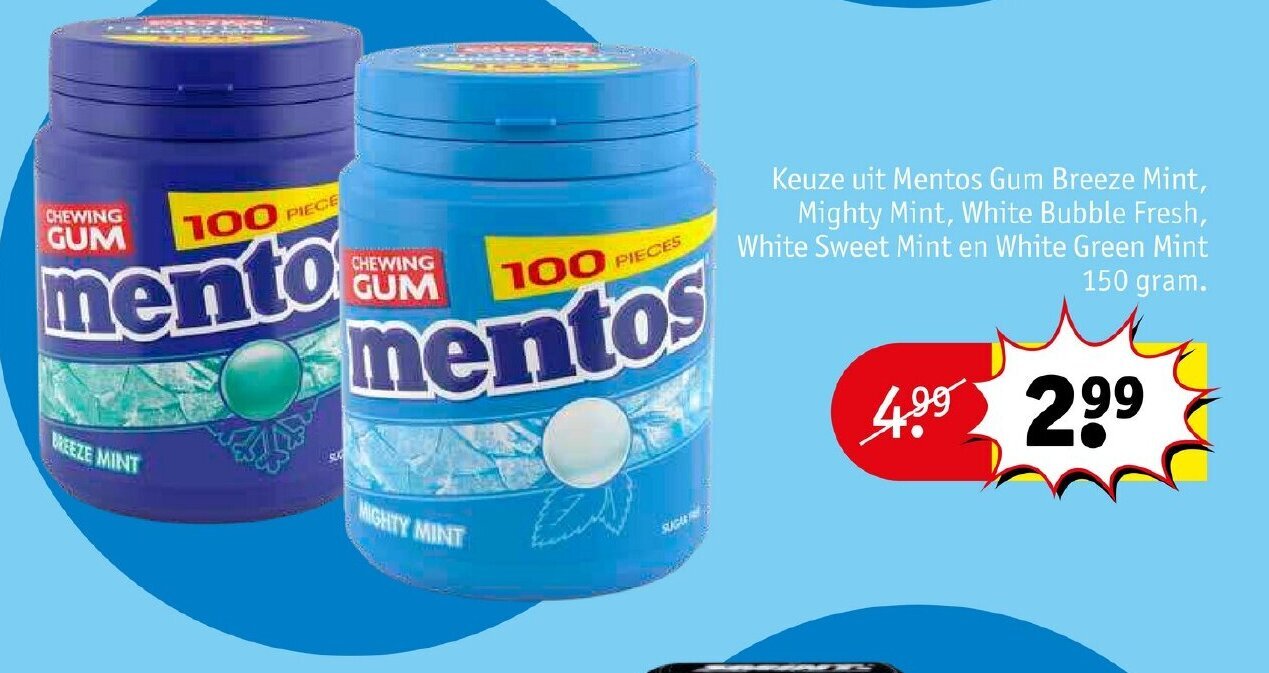 Keuze uit mentos gum breeze mint, mighty mint, white bubble fresh, white sweet mint en white ...